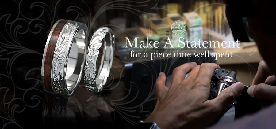 14K Gold Hand Engraved Wave Edge Ring With Hawaiian Old English Design