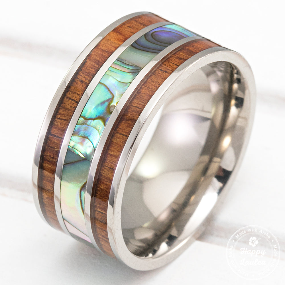 Titanium Ring With Mid Abalone Shell Strip & Hawaiian Koa Wood Inlay