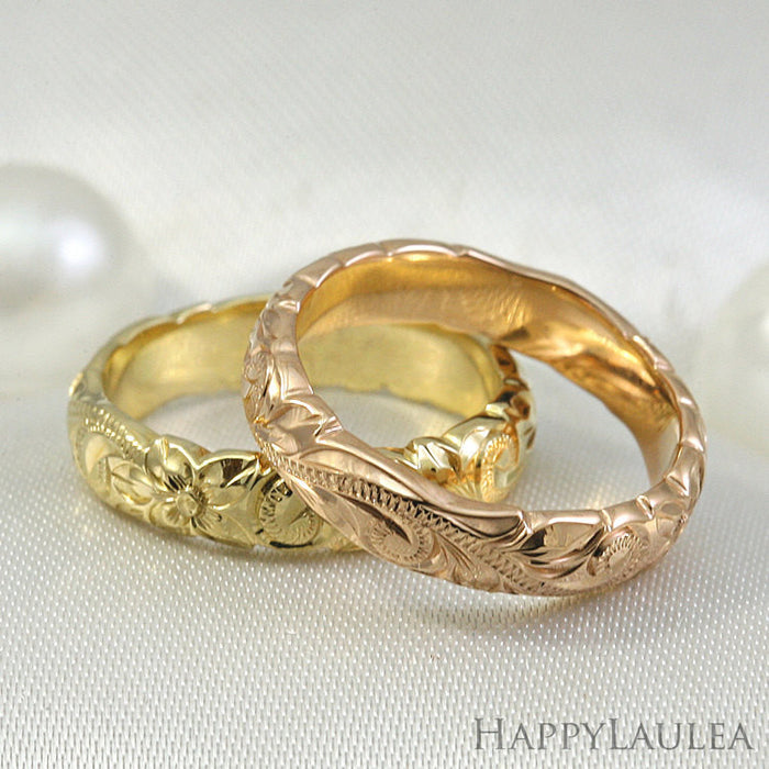 14K Gold Hand Engraved Wave Edge Ring With Hawaiian Old English Design