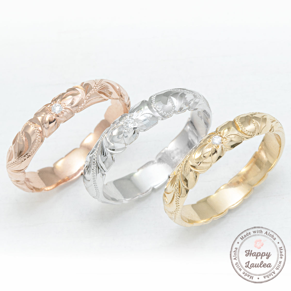 14K Gold Hand Engraved Wave Edge Ring With Hawaiian Old English Design