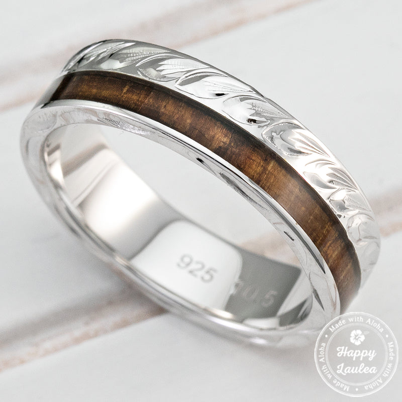 925 Sterling Silver Hand Engraved Maile Leaf Ring with Hawaiian Koa Wo