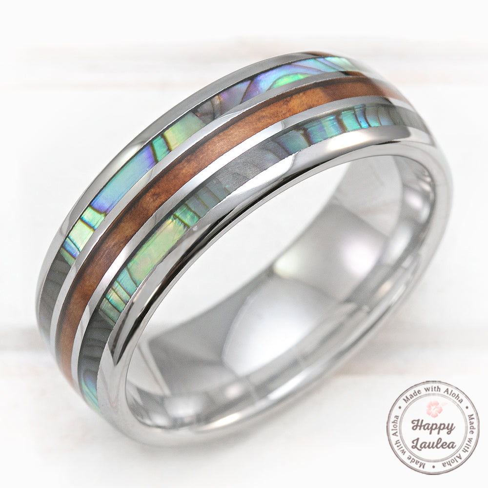 Tungsten Carbide 8mm Ring with Abalone Shell & Hawaiian Koa Wood Tri-I