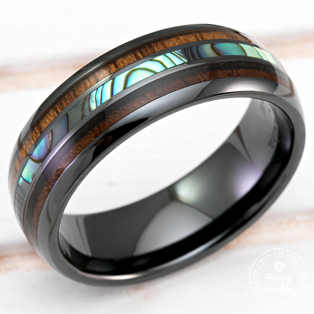 Black Hi-Tech Ceramic Ring With Abalone Pau’a Shell & Hawaiian Koa Wood