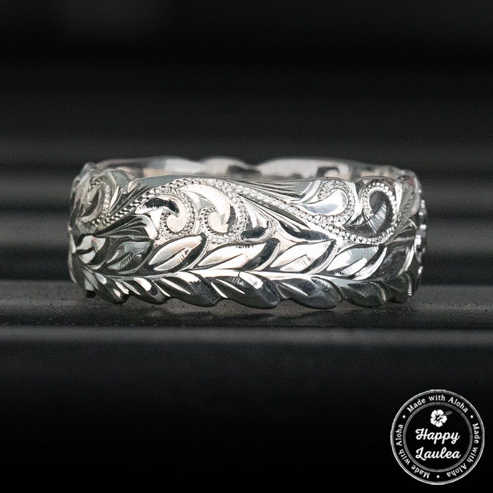 Sterling Silver Hawaiian Jewelry Ring Hand Engraved Maile Leaf & Scrol