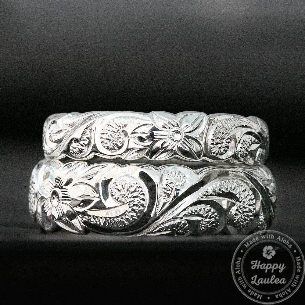 Pair of 925 Sterling Silver Hawaiian Jewelry Ring Set [4&6mm] Scroll D