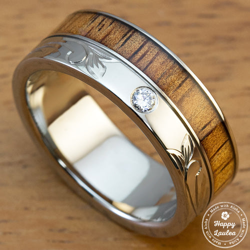 Diamond Titanium Floral Pattern Ring Set With Koa Wood Inlay