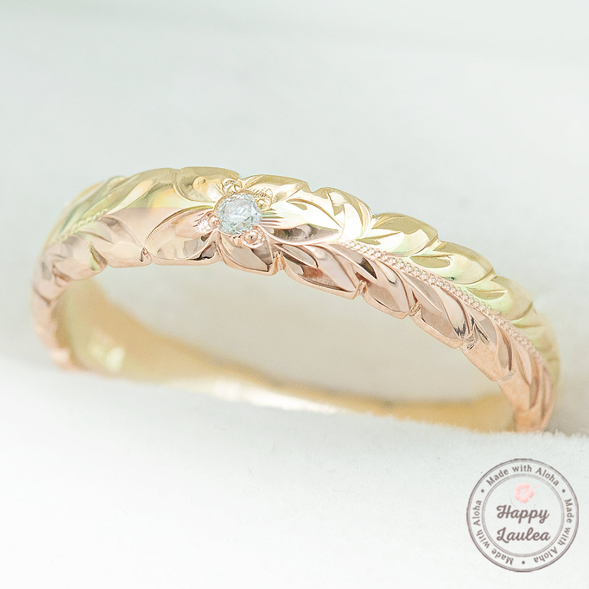 14K Gold Two Color Maile Leaf Design Hawaiian Jewelry Ring [ 4mm width