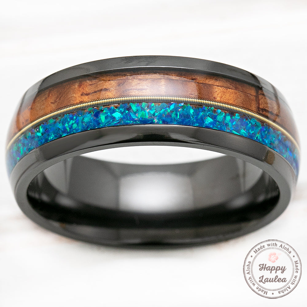 Black Zirconium 8mm Ring with Guitar String, Azure Opal, & Hawaiian Ko